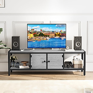 GarveeHome 65 Inch TV Stand with Storage, Entertainment Center with Adjustable Legs, Mid Century Modern TV Console up to 75 Inch, Wooden TV Stand with Open Shelves for Living Room, Bedroom, Grey