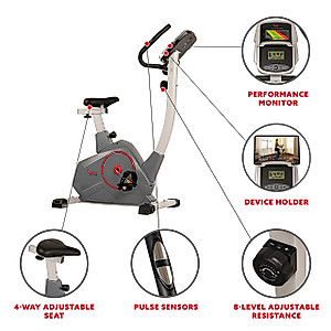 Sunny Health & Fitness Stationary Upright Exercise Bike with Performance Monitor, Tablet/iPad Device Holder, 275 LB Max User Weight with Body Fat and BMI Calculator - SF-B2952,Gray