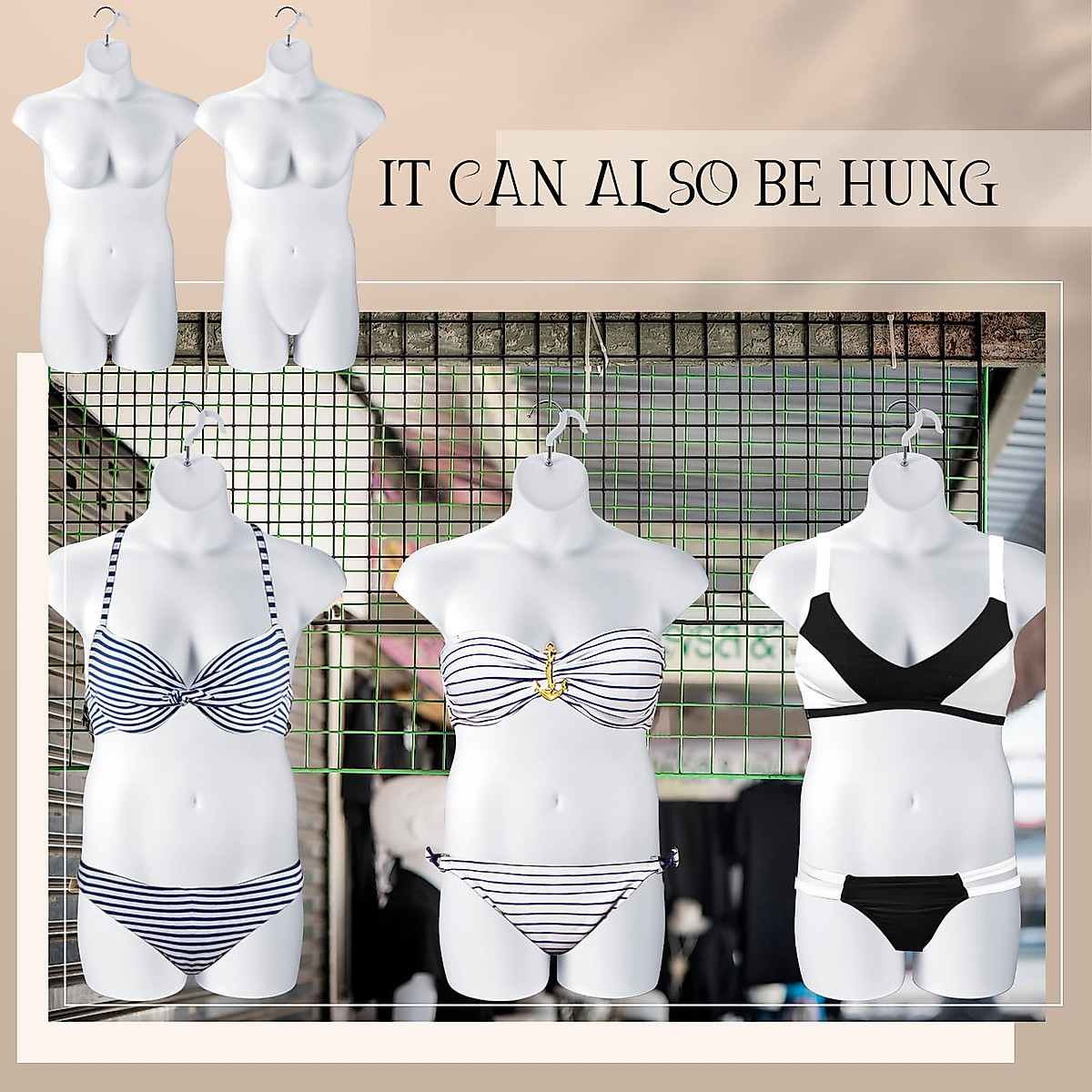 Kigley 2 Pcs Plus Size Female Mannequin with Hook Hip Long Hollow Back Hanging Mannequin Torso White Female Half Mannequin Body Dress Form Clothing Shirt Dress Accessories Display