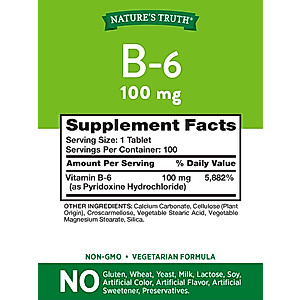 B6 Vitamin | 100mg | 100 Tablets | Vegetarian, Non-GMO & Gluten Free Supplement | by Nature's Truth