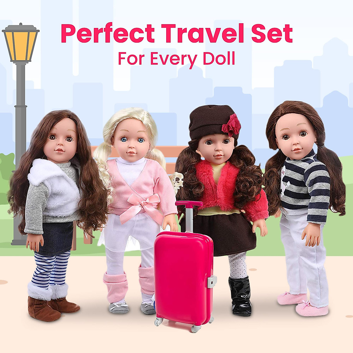Beverly Hills Doll Collection 18 Inch Doll Accessories Play Travel Set - 16 Pcs Suitcase Luggage Carrier with Sunglasses, Passport, Tickets, Camera, and More, Doll Not Included