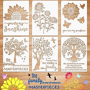 6 Pieces Sunflower Stencil Kit, Reusable Family Tree Stencil Flower Butterfly Painting Templates You are My Sunshine Stencil with Metal Open Ring for Painting on Wood Wall Decor