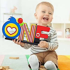 C1krint Plim Plim ONE Letter Sign Wooden Table Centerpiece, Circus Clown Plim Plim Theme First Birthday Party Decoration Supplies for One Year Old Baby Shower 1st Birthday Ornaments Photo Props