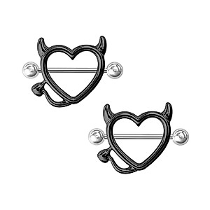 MIFYNN 1 Pair Nipple Rings for Women,Devil Heart Nipple Rings Surgical Steel Nipple Piercing Bar Shield Cover Barbell Sexy Piercings Nipple Hoops Piercing Jewelry for Girls (Black)