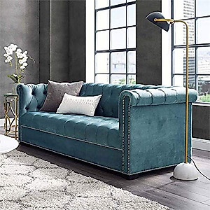 Modway Heritage Tufted Performance Velvet Upholstered Chesterfield Sofa with Nailhead Trim in Sea Blue
