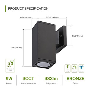ASD LED Up Down Wall Lights Cylinder Outdoor, Photocell Dusk to Dawn, 18W (120W Eq) 1500Lm 120-277V 3000K-4000K-5000K Options, Matte Black Exterior Wall Sconce, Wall Lantern, ETL & Energy Star