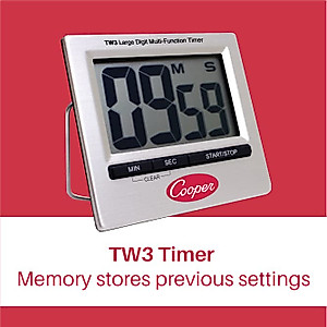 Cooper-Atkins TW3-0-8 Stainless Steel Large Digit Timer, Time Range 99 Minutes 59 Seconds