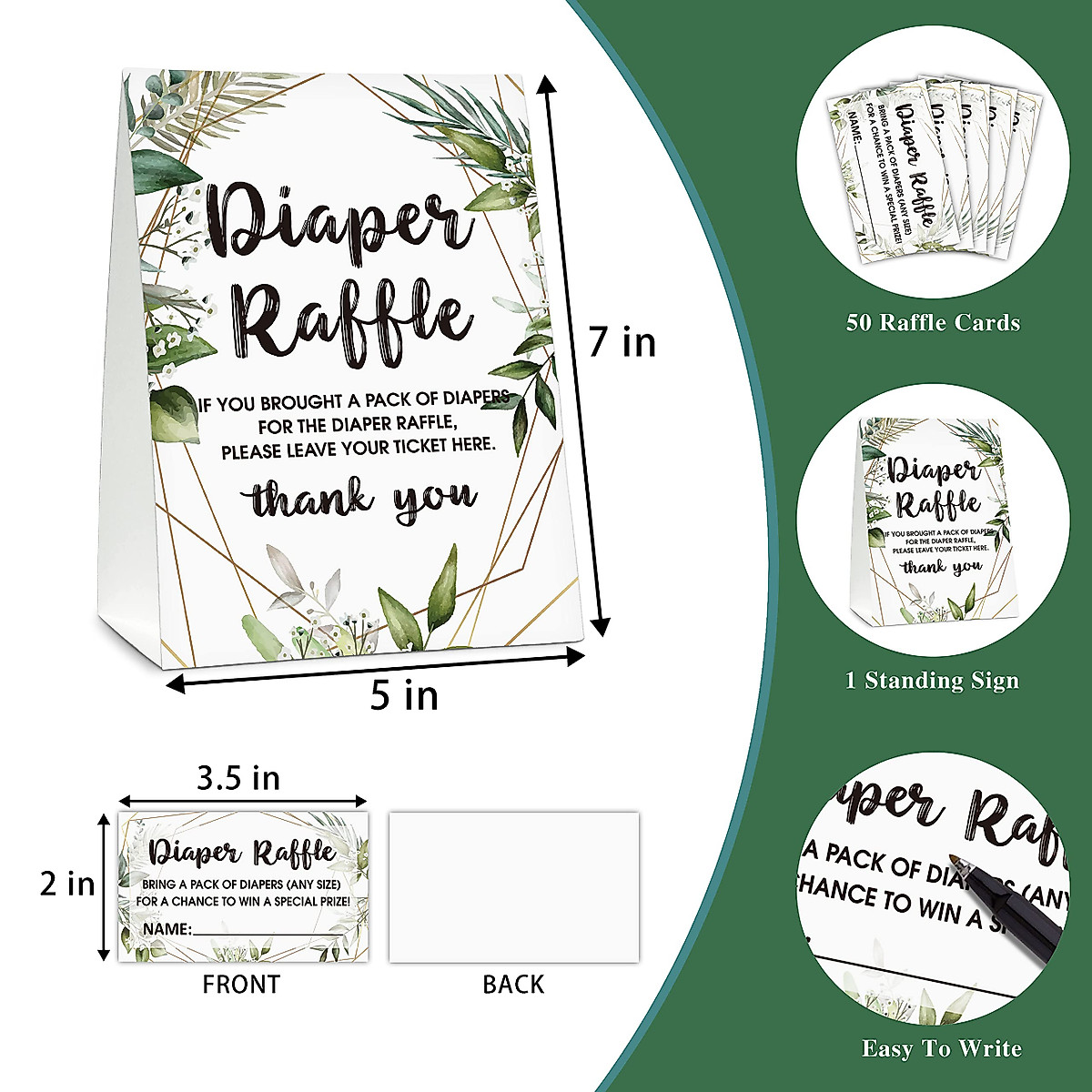 Diaper Raffle Baby Shower Game Set(1 Standing Sign + 50 Guessing Cards), Greenery Diaper Raffle Tickets for Baby Shower, Gold Foil Baby Shower Party Favor Decor - A14