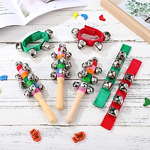 MILISTEN 3 Sets of Christmas Hand Jingle Bells and Band Wrist Bells, Hand Bells Ankle Bells, Wooden Handle Rainbow Bells Shaker Rattles, Hand Percussion for Christmas