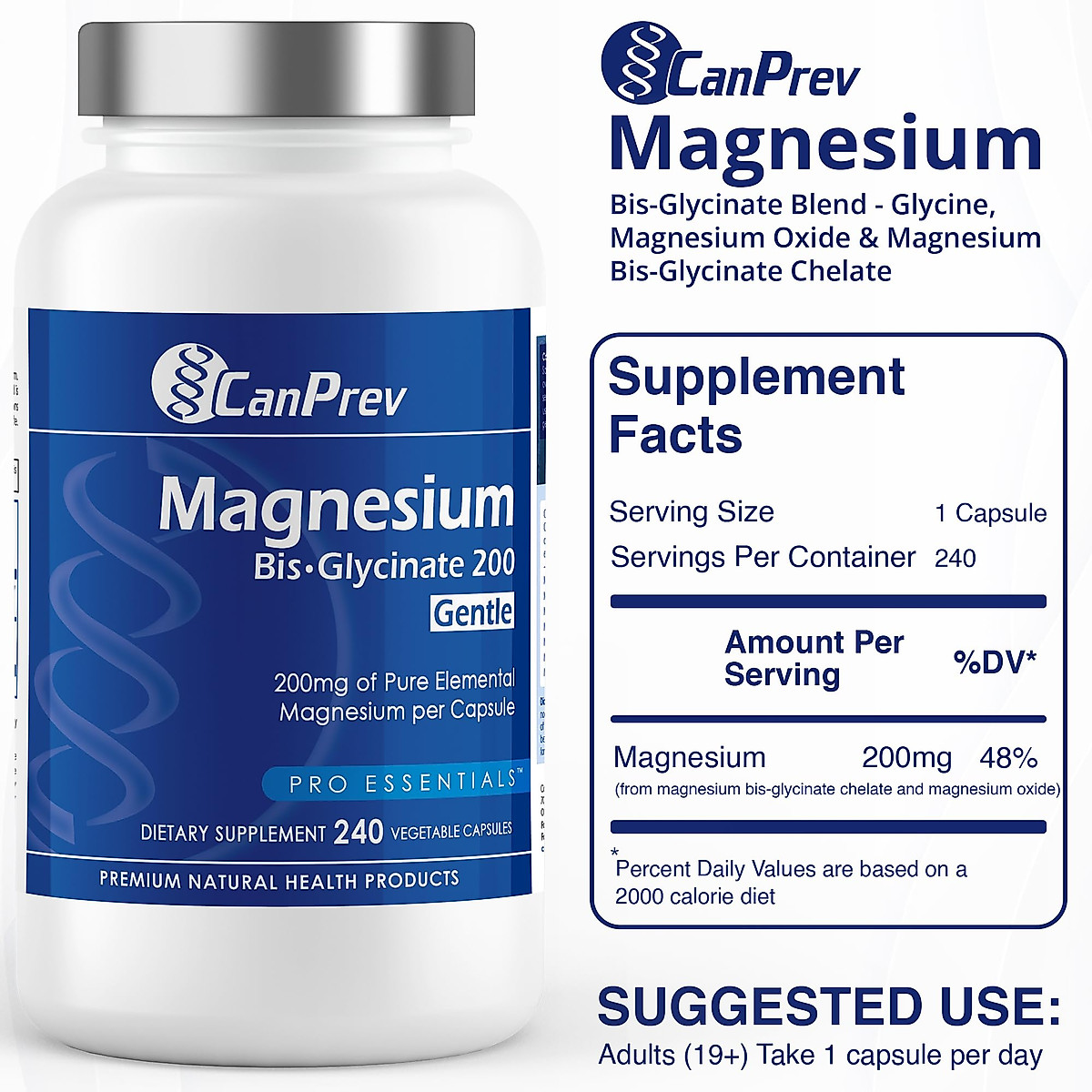 CanPrev Magnesium Bisglycinate (240 Count (Pack of 1), 200mg - Gentle)