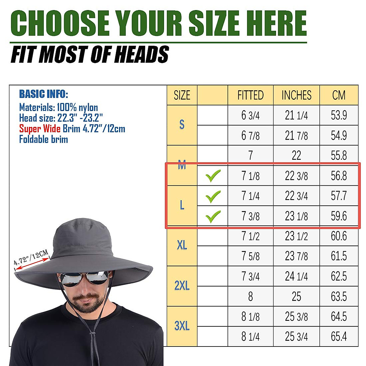 USHAKE Foldable Super Wide Brim Fishing Hat Bucket Safari Hat, UPF 50+ Sun Hat Khaki