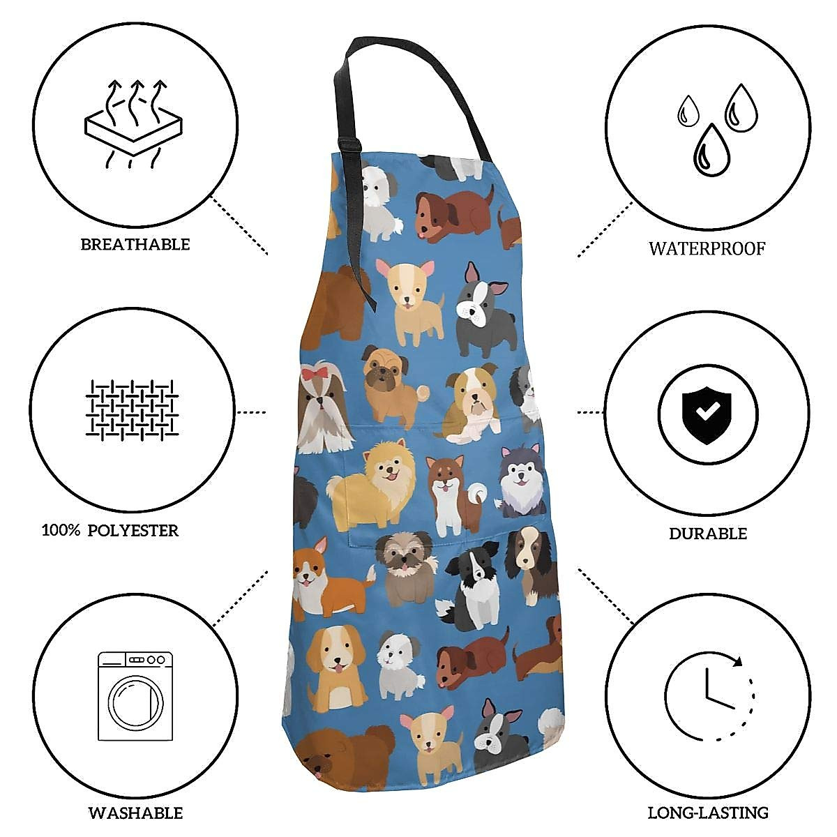 Duduho Cute Dogs Pets Apron with 2 Pockets Cooking Kitchen Bib Aprons for Women Men Unisex Adjustable Waterproof Stain Resistant