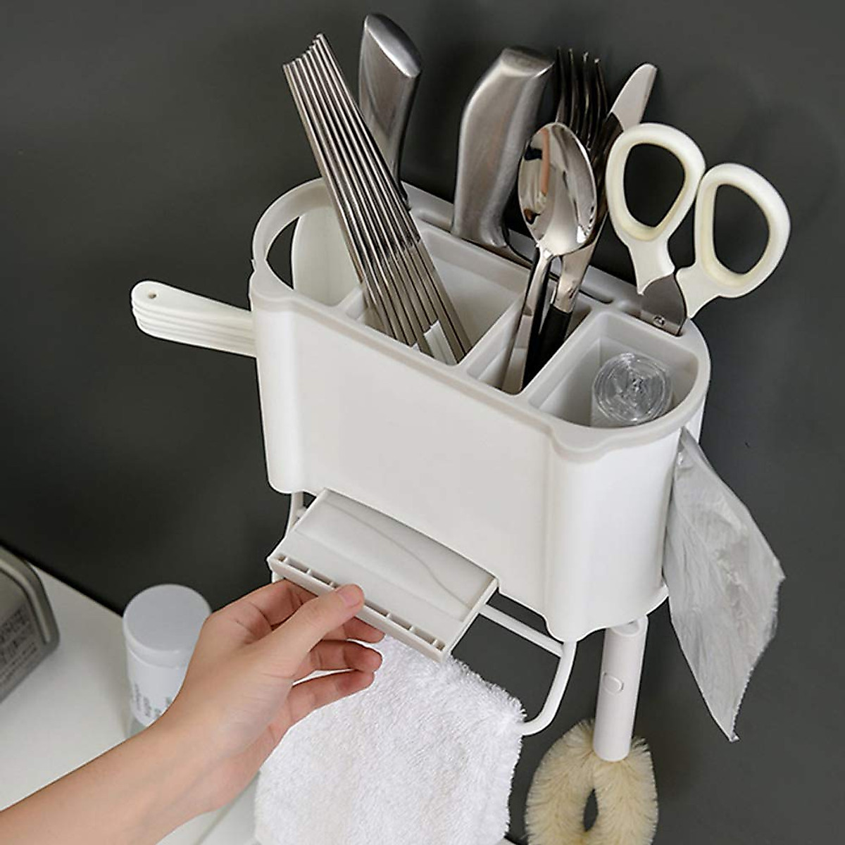 CHERISH Kitchen Multifunctional Wall Storage Rack, Adhesive Wall Mount Cutlery Knife Holder Hanger, Kitchen Cooking Utensil Holder Caddy with Phone Holder and 4 Hooks, Spoon and Fork Holder Rack