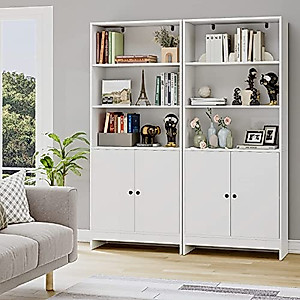 SHUANGZ 3 Tier Bookcase with Doors, 27.5 x 11.8 x 65.7 Inch Storage Organizer Cabinet with 3 Open Shelves, Tall Book Shelf Free Standing Floor Cabinet for Home Office, White
