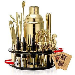 X-cosrack 19-Piece Bar Set,Gold Cocktail Shaker Set for Drink Mixing:Stainless Steel Bar Tools with Rotating Stand,Professional Bartender Kit for Home Bars, Parties
