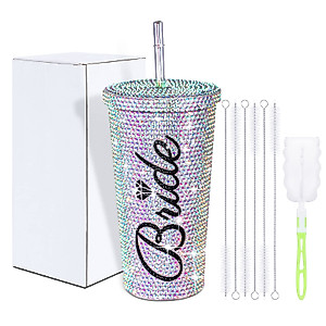 Hoolerry Bling Studded Rhinestone Tumbler Glitter Diamond Cup 16.9 oz Stainless Steel Insulated Reusable Water Bottle with Straw Lid and Brush for Women Bachelorette Shower Wedding Gift(Bride)
