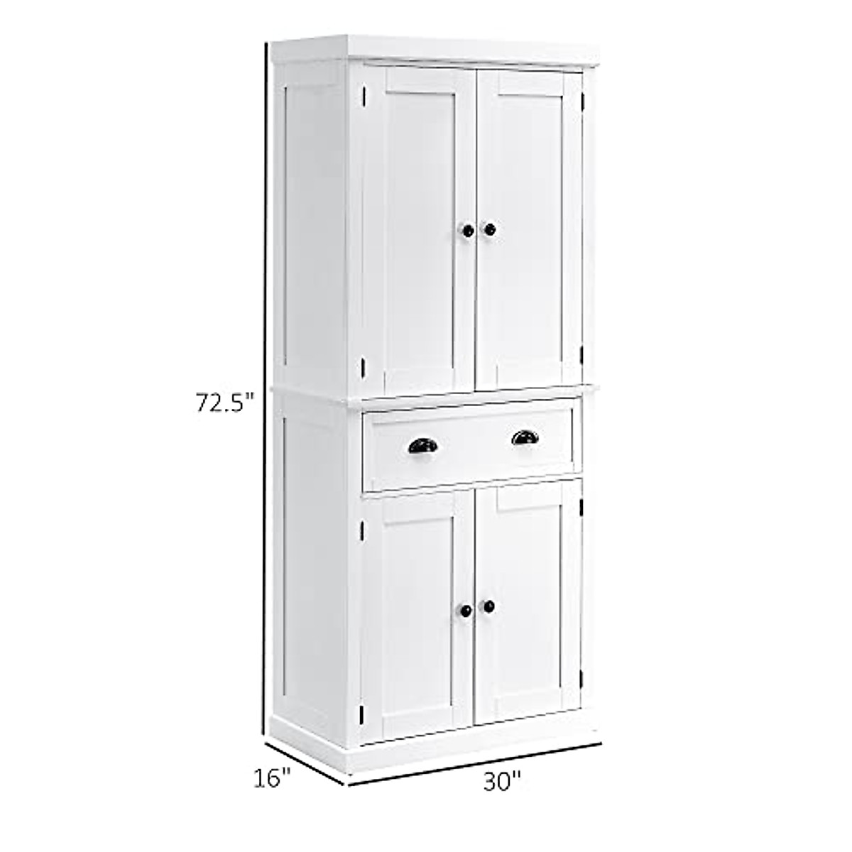 HOMCOM 72" Traditional Freestanding Kitchen Pantry Cupboard with 2 Cabinet, Drawer and Adjustable Shelves, White