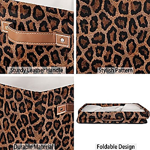 Leopard Print Cube Storage Bins 13 x 13 x 13 inch, Animal Print Fabric Organizer Bins Basket Boxes with PU Leather Handles Foldable Storage Cube for Clothes Bedroom Closet Shelves