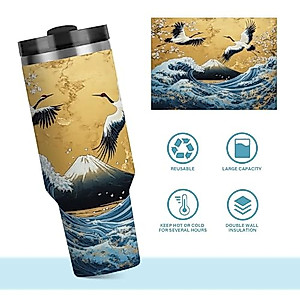 Flradish 40oz Tumbler with Handle, Grus Japonensis Stainless Steel Tumbler with Lid and Straws Double Wall Vacuum Insulated Leakproof Coffee Travel Mug