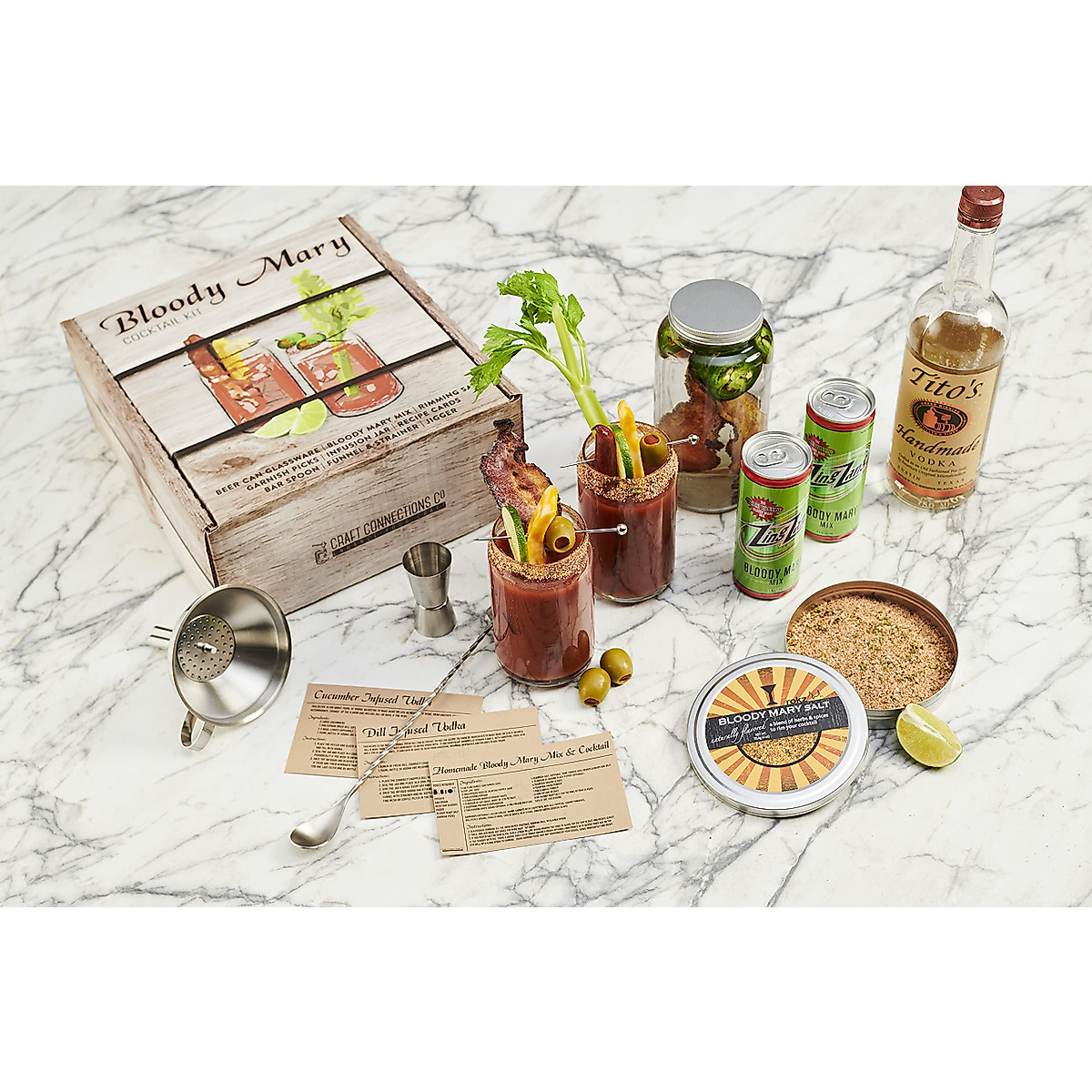 Bloody Mary Cocktail Kit: 16 oz Beer Can Drinking Glass Set | Zing Zang Bloody Mary Mix | Rokz Salt Tin | Infusion Jar | Bar Spoon | Jigger | Garnish Picks | Recipe Cards