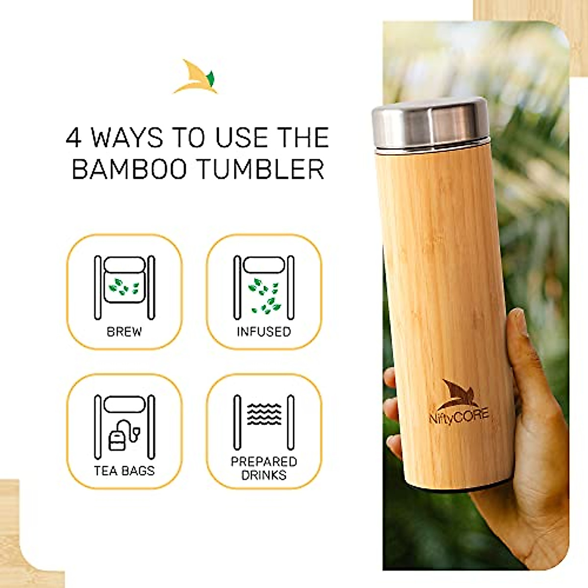 Bamboo Tumbler with Tea Infuser Bottle Loose Leaf Strainer – Advanced Double Insulated Stainless Steel Travel Thermos - Best Gift for Tea Lovers - Leak-Proof Hot Coffee Mug, Fruit Water Bottle (17 oz)