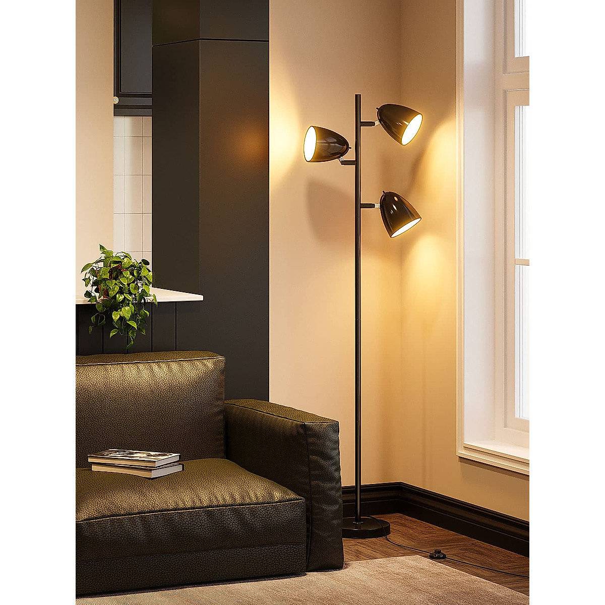 addlon Tree Floor Lamp with 3 Adjustable Rotating Lights and Matching LED Bulbs, Standing Tall Pole Lamps for Living Room, Bedroom, Home, Office - UL Listed, Black