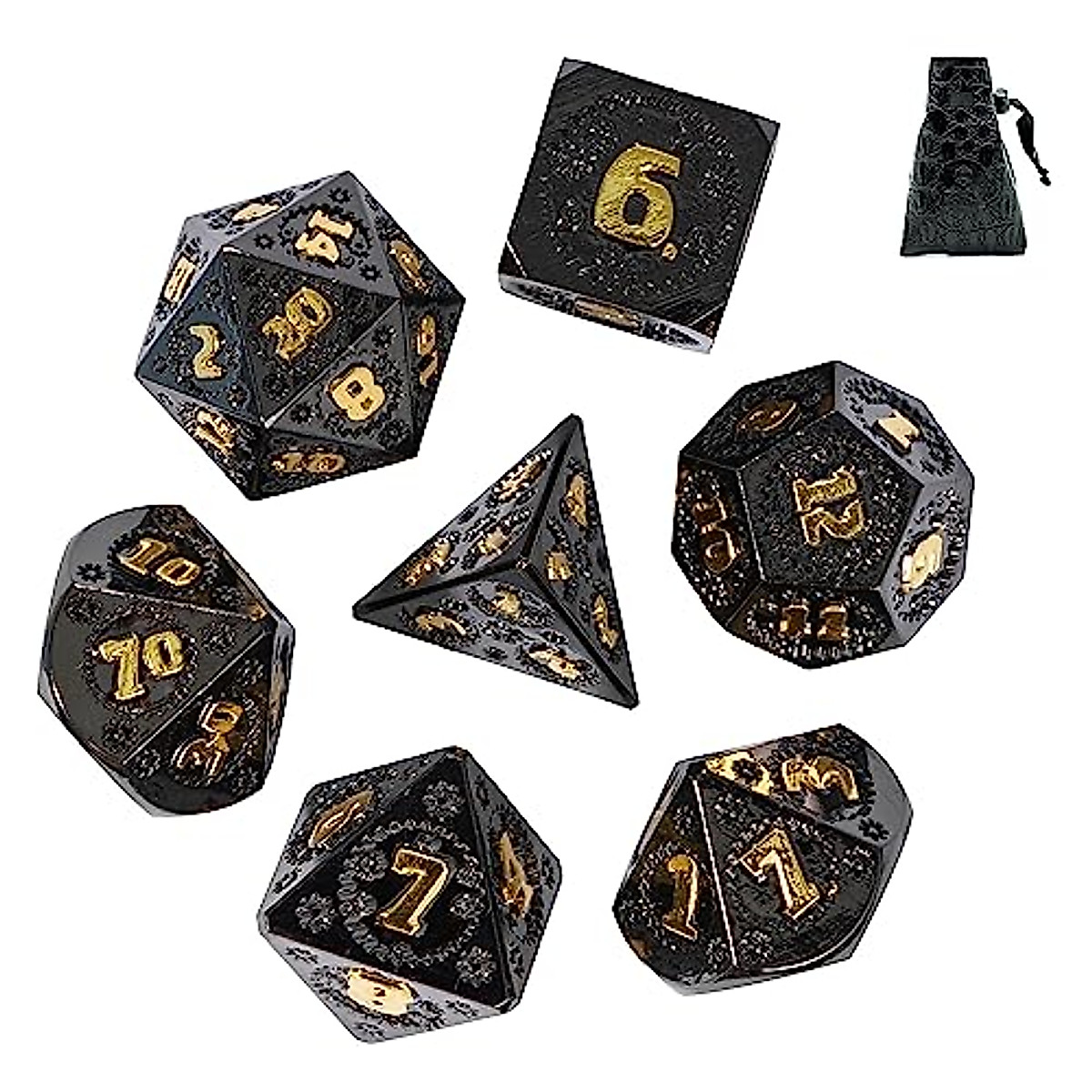 CRITALLIC Metal Dice Set Mechanical Gear Design DND Dice for Dungeons and Dragons, 7PCS Polyhedral D&D Dice with Leather Pouch for Role Playing Games MTG Table Games(Black Golden)