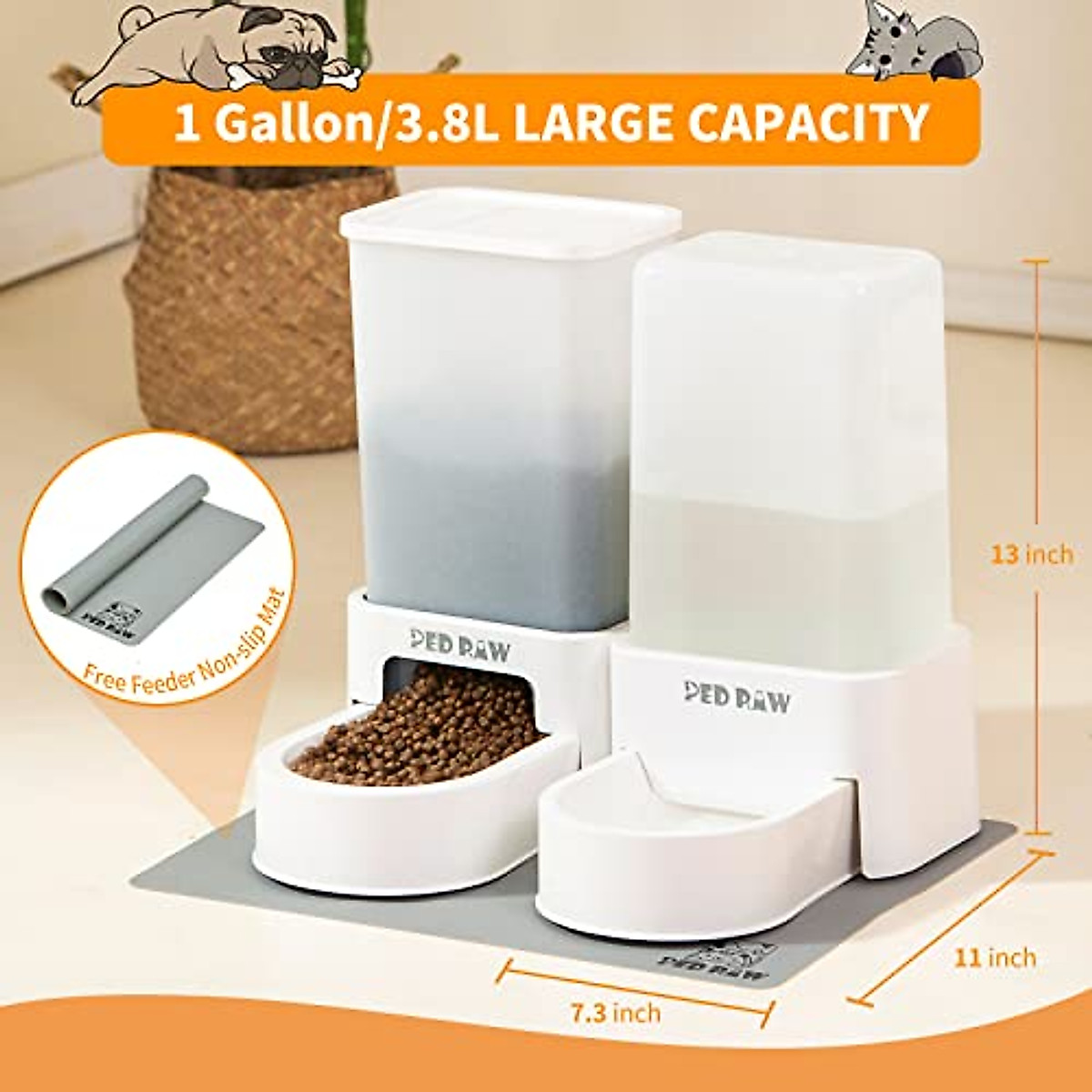 Automatic Food and Water Dispenser Set for Cat Dog, Gravity Auto Feeder Waterer Large Capacity 1 Gallon x 2 for Small Medium Large Pet with Mat