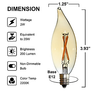 FANNIS 6 Pack C32 Replacement Flame Tip LED Bulb, 2W Equals 20W, Warm 2200K Filament Edison Bulb, E12 Base Vintage Amber Glass Candle Light Bulb for Pendant Chandelier Ceiling Fan Candelabra Light