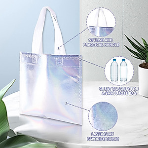 Whaline 24 Pieces 8''x8'' Non-Woven Small Party Bags, Holographic Gift Handled Bags, Reusable Candy Goodie Bags, DIY Craft Bags, Glossy Tote Bags for Birthday, Holiday, Event (Iridescent Color)