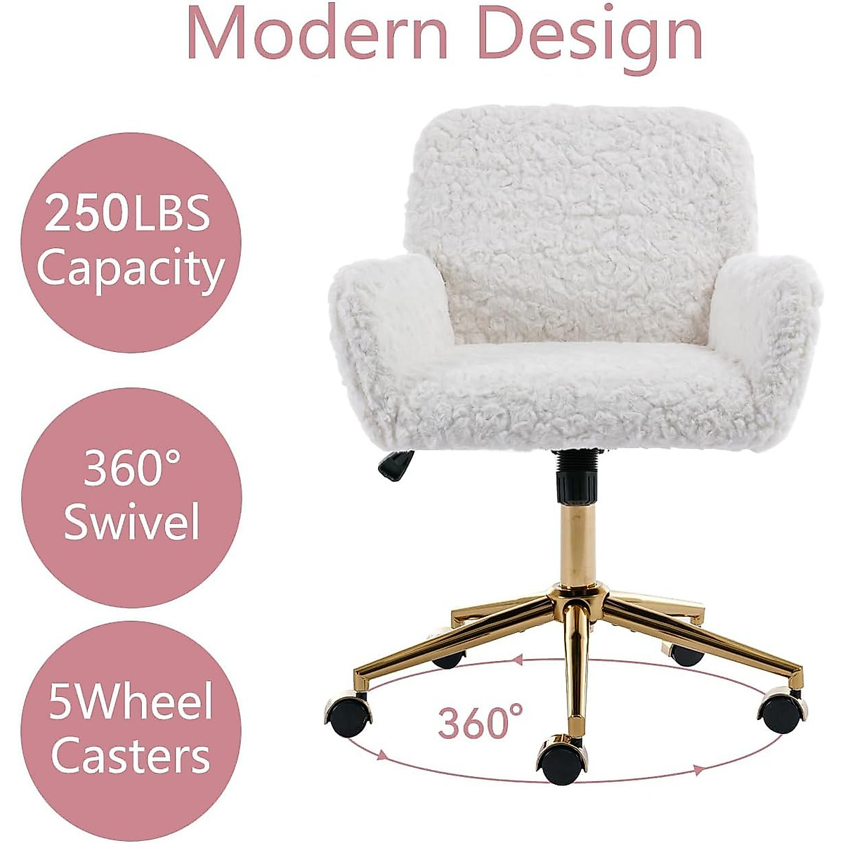 White Faux Fur Home Office Chair,Upholstered Elegant Desk Chair Makeup Vanity Chair for Girls,Swivel Desk Chair with Gold Base,Height Adjustable Tiltable Computer Chair,Cute Desk Chair for Kids