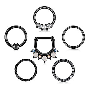 LAURITAMI 16G Stainless Steel Septum Clicker Piercing Jewelry, 6Pcs Set, Black