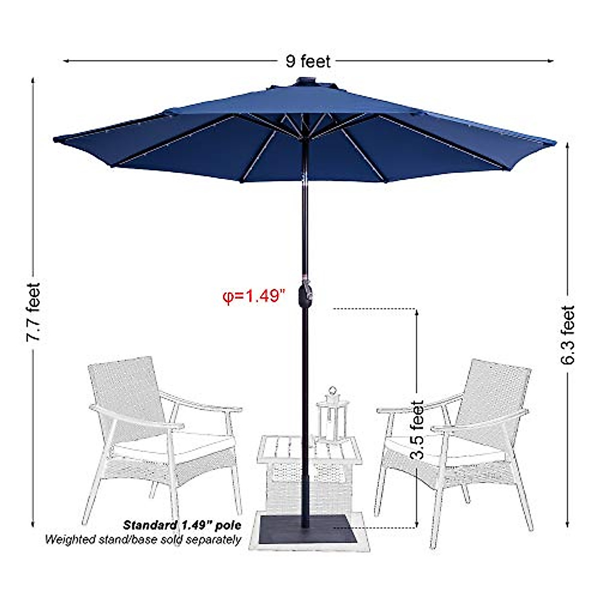 Sundale Outdoor 9 Feet Solar Powered 32 LED Lighted Patio Umbrella Table Market Umbrella with Crank and Push Button Tilt for Garden, Deck, Backyard, Pool, 8 Steel Ribs, (Navy)