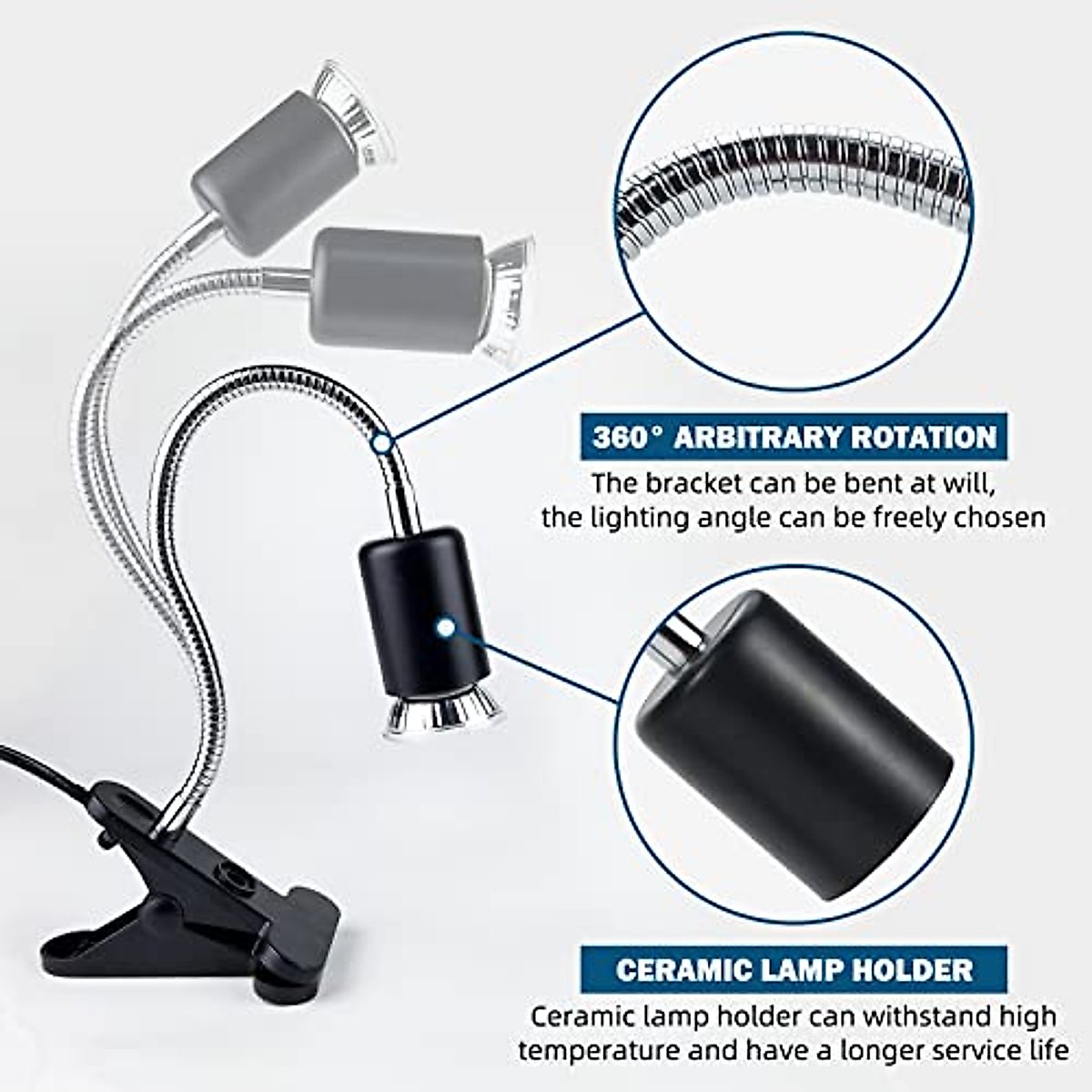 BINANO Heat Lamp for Reptiles Turtle with 25W/50W UVB UVA Bulb with Adjustable Heat Switch with 360 Adjustable Angle&Strong Clips for Reptiles Aquarium/Tank