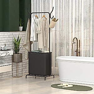 Waktavel Laundry Cart with Hanging Rack, Freestanding Laundry Hamper with Clothing Rack, Laundry Sorter with Hanging Bar and 2 Side Hook for Living Room Bedroom Entrance