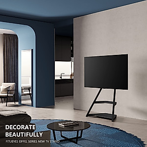 FITUEYES DESIGN Corner TV Stand with Wheels for 43 55 65 70 75 Inch TV, Black TV Cart Floor Stand, Modern TV Stand with Wooden Storage Shelves, Eiffel Series