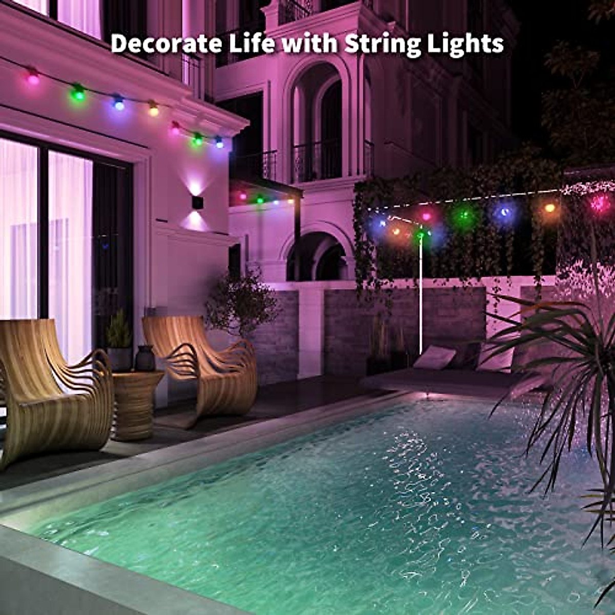LUMIMAN Smart Color Changing Outdoor String Lights 48FT RGBIC Balcony Light with 15LED G45 Bulbs, APP Control 2.4GHZ WiFi Alexa Google, Connectable for Patio Gazebo Café Backyard