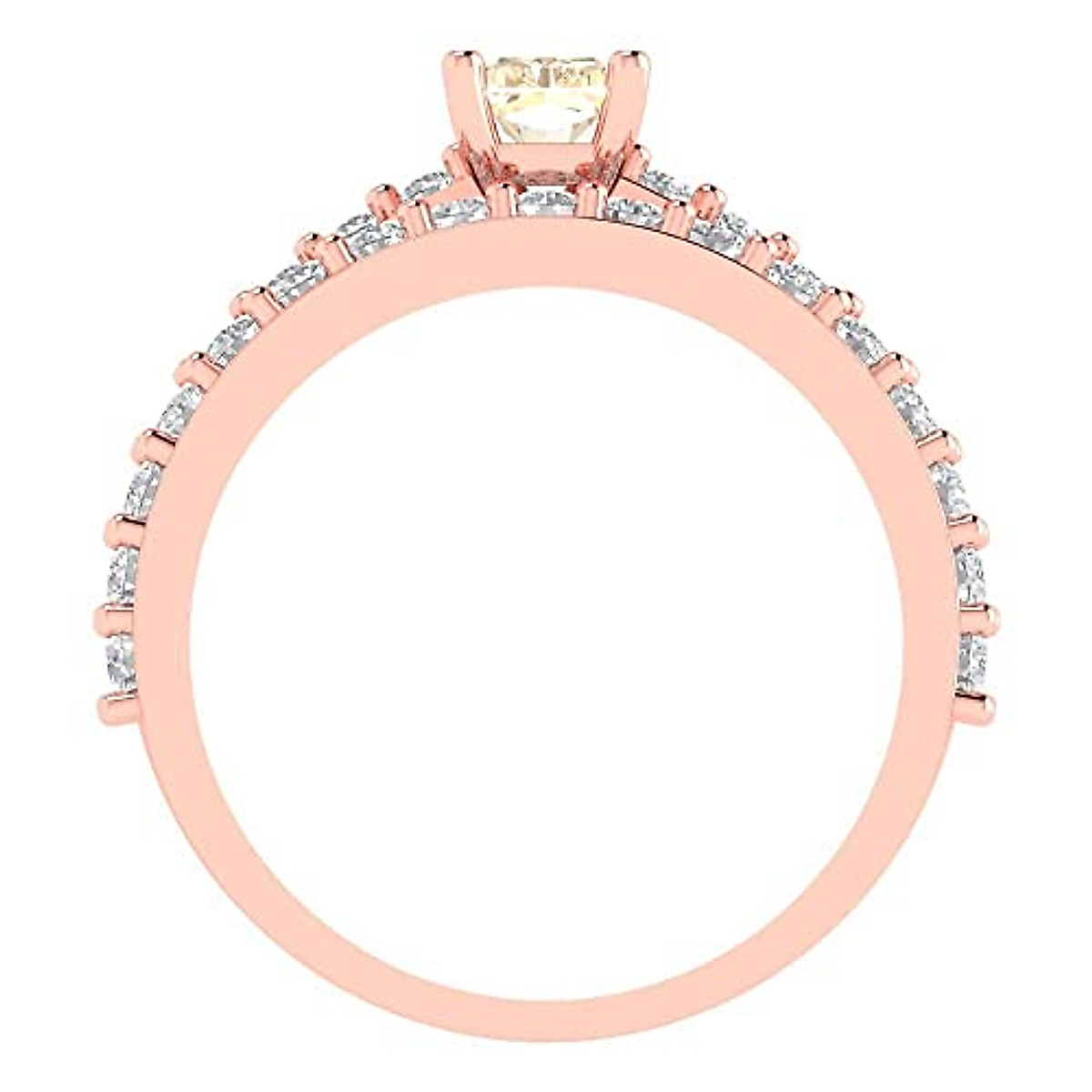 Clara Pucci 1.51ct Emerald Cut Solitaire Natural Brown Morganite Designer Art Deco Statement Wedding Ring Band Set 18K Rose Pink Gold 9.5