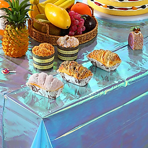 3Pcs Iridescent Plastic Tablecloths Shiny Disposable Laser Rainbow Rectangle Table Covers Holographic Foil Metallic Table Cloth for Iridescent Party Decorations Birthday Bridal Wedding 40"x108"(Blue)