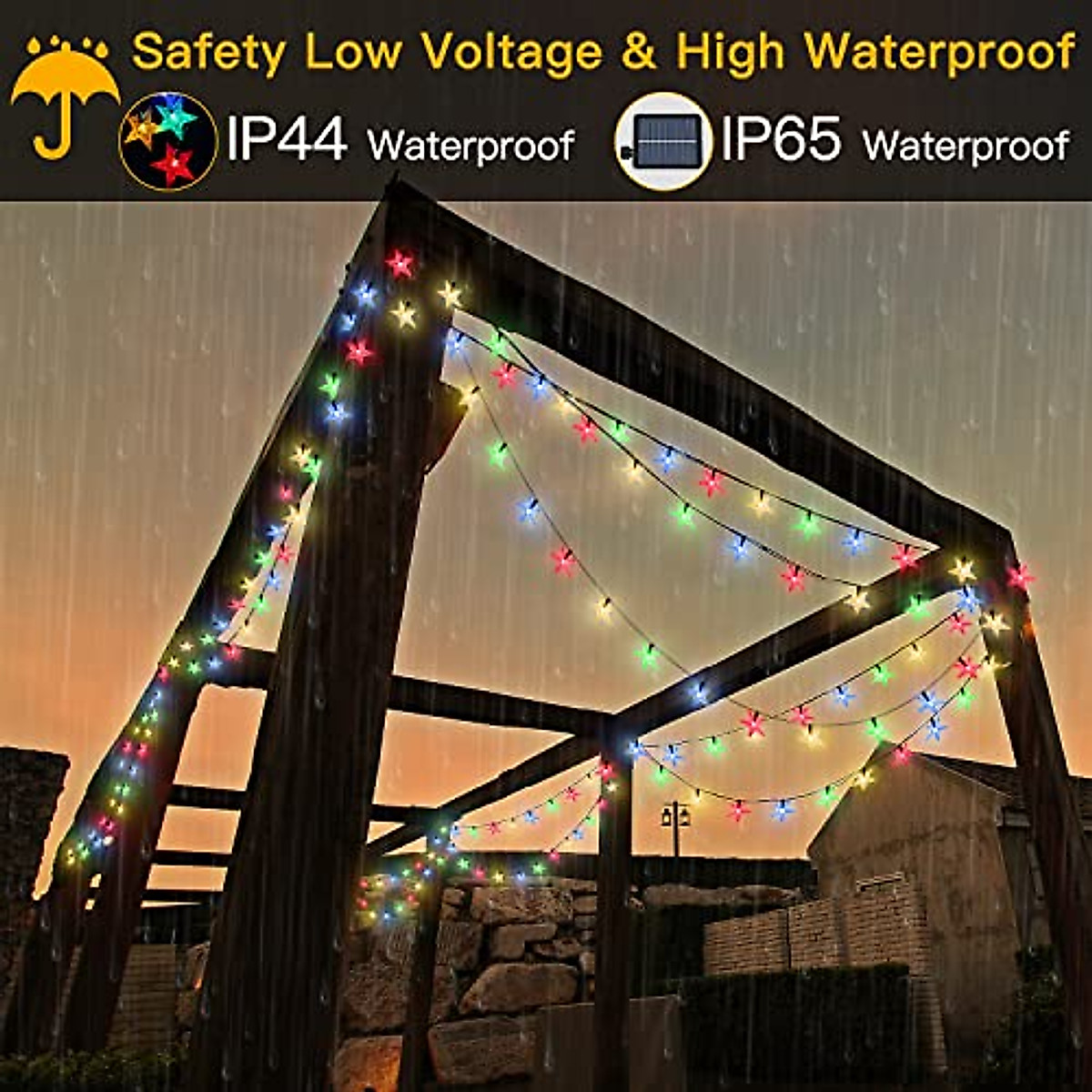 Ollny Solar Christmas Lights, Solar Star String Lights 50LED 25FT Warm White & Multicolor Outdoor Patio Lights, with Remote 11Modes Memory Waterproof Timer for Christmas Garden Fence Yard Decorations