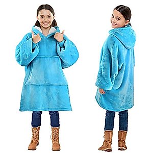 Solaris Wearable Blanket Hoodie for Kids - Warm Soft Gift, Oversized Cozy Sherpa Fleece Sweatshirt Pullover for Teens, Girls, Boys, Large Pocket, Light Blue