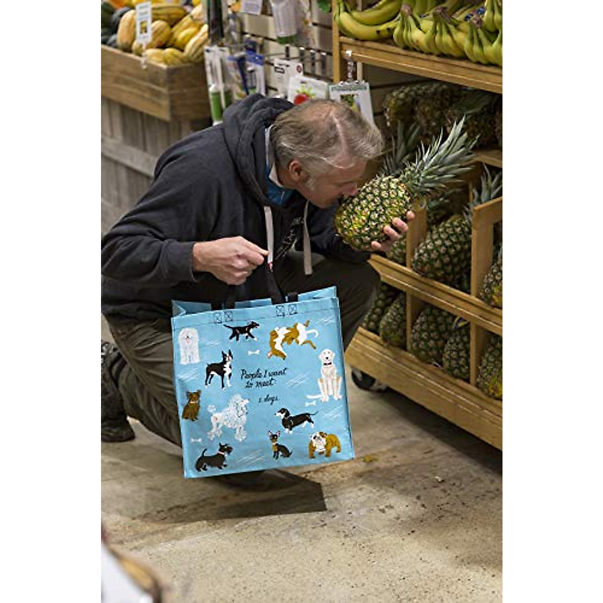 Blue Q Shopper ~ People I Want to Meet: Dogs. Reusable grocery bag, sturdy, easy-to-clean, perfect for dog lovers, 15"h x 16"w x 6"d, made From 95% recycled material.