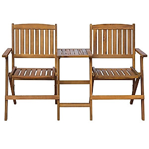 Outdoor 2-Person Folding Wooden Loveseat | Foldable Patio Conversation Set with Tea Table | Patio Furniture Set with Built-in Coffee Table for Backyard Pool Yard | Brown Solid Acacia Wood