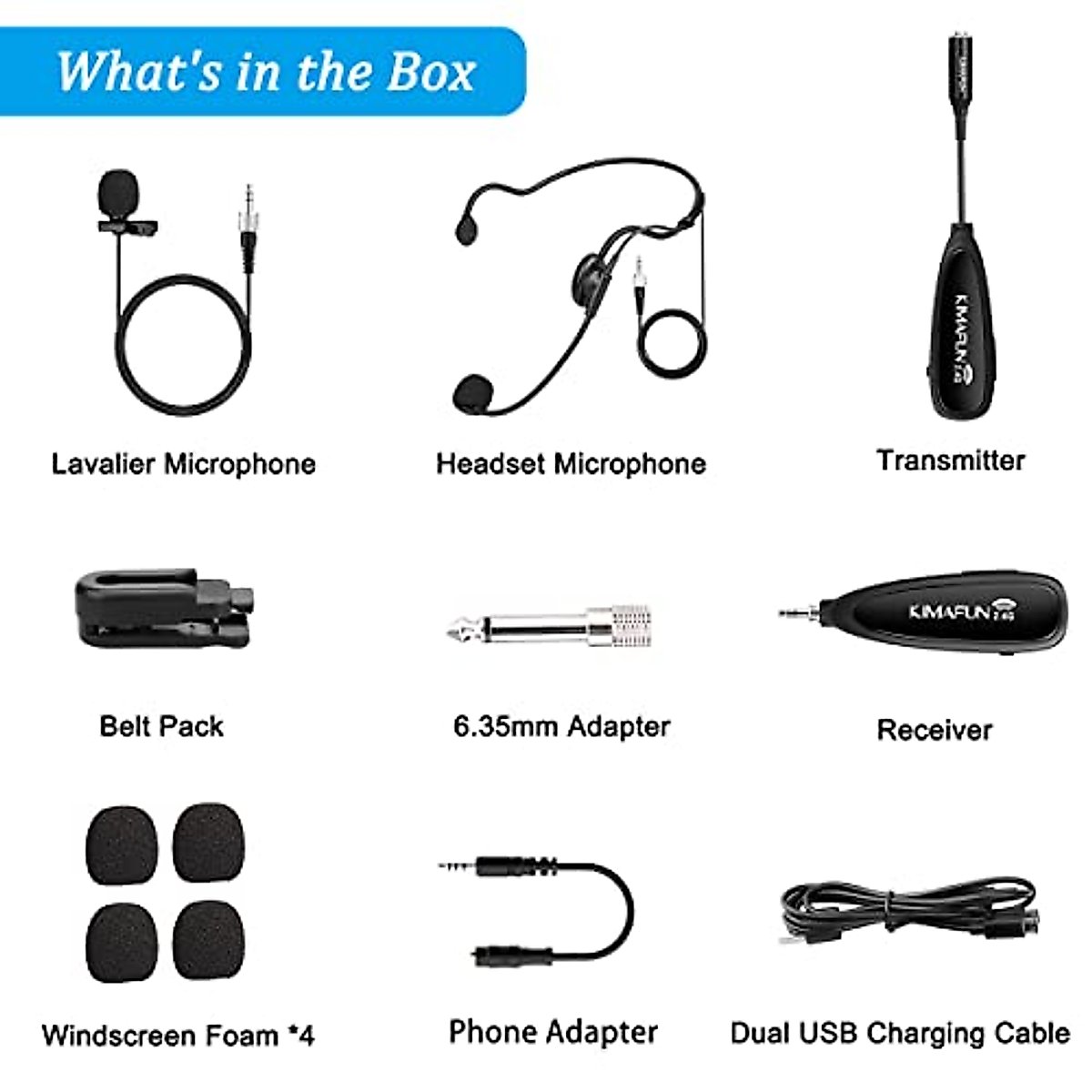 KIMAFUN Wireless Microphone System, 2.4G Wireless Headset and Lavalier Lapel Microphones for iPhone, Android Phone, Laptop and Speaker, Designed for Teaching, Recording, Vlog, Broadcast, G102-3