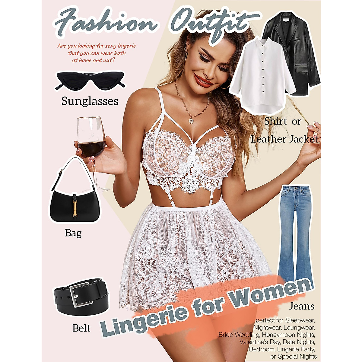 Avidlove Babydoll Lingerie Womens Lace Mesh Bodysuit Sleepwear (1white, Medium)