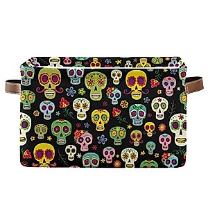 ALAZA Mexican Sugar Skull Day of The Dead Storage Basket for Shelves for Organizing Closet Shelf Nursery Toy, Fabric Collapsible Storage Organizer Bins Decorative Baskets with Handles Cubes 1 Pack