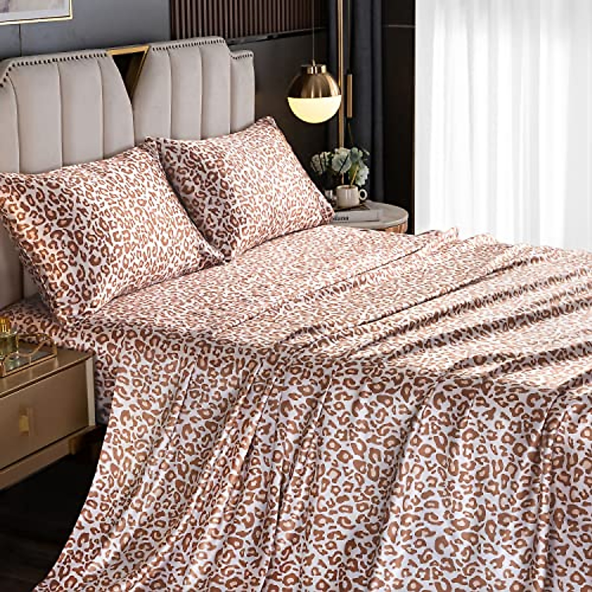 UDEAL California King Sheet Sets, 4 Pieces Silky Soft Satin Bed Sheets, Luxury California King Sheets Deep Pocket, Breathable & Fade Resistant, Beige Leopard