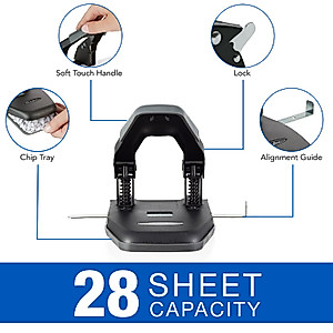 Swingline 2 Hole Punch, Comfort Handle Two Hole Puncher, 28 Sheet Punch Capacity, 50% Reduced Effort, Includes Alignment Guide, Black (74050)