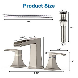 Bathroom Faucets for Sink 3 Holes, Brushed Nickel Bathroom Faucet, 8inch Widespread & Waterfall Bathroom Faucet with Stainless Steel Pop Up Drain and cUPC Lead-Free Hose -(Brushed Nickel)