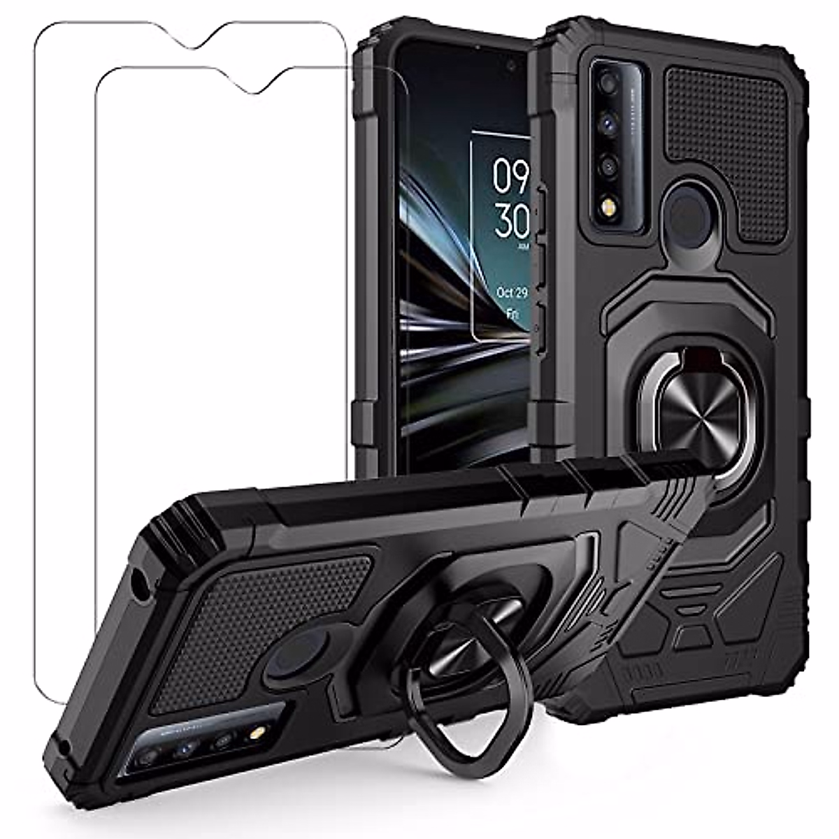 Compatible for TCL 30 XE 5G Kickstand Case with Screen Protector Tempered Glass [2 Pieces], Hybrid Heavy Duty Armor Dual Layer Anti-Scratch Case Cover, Black